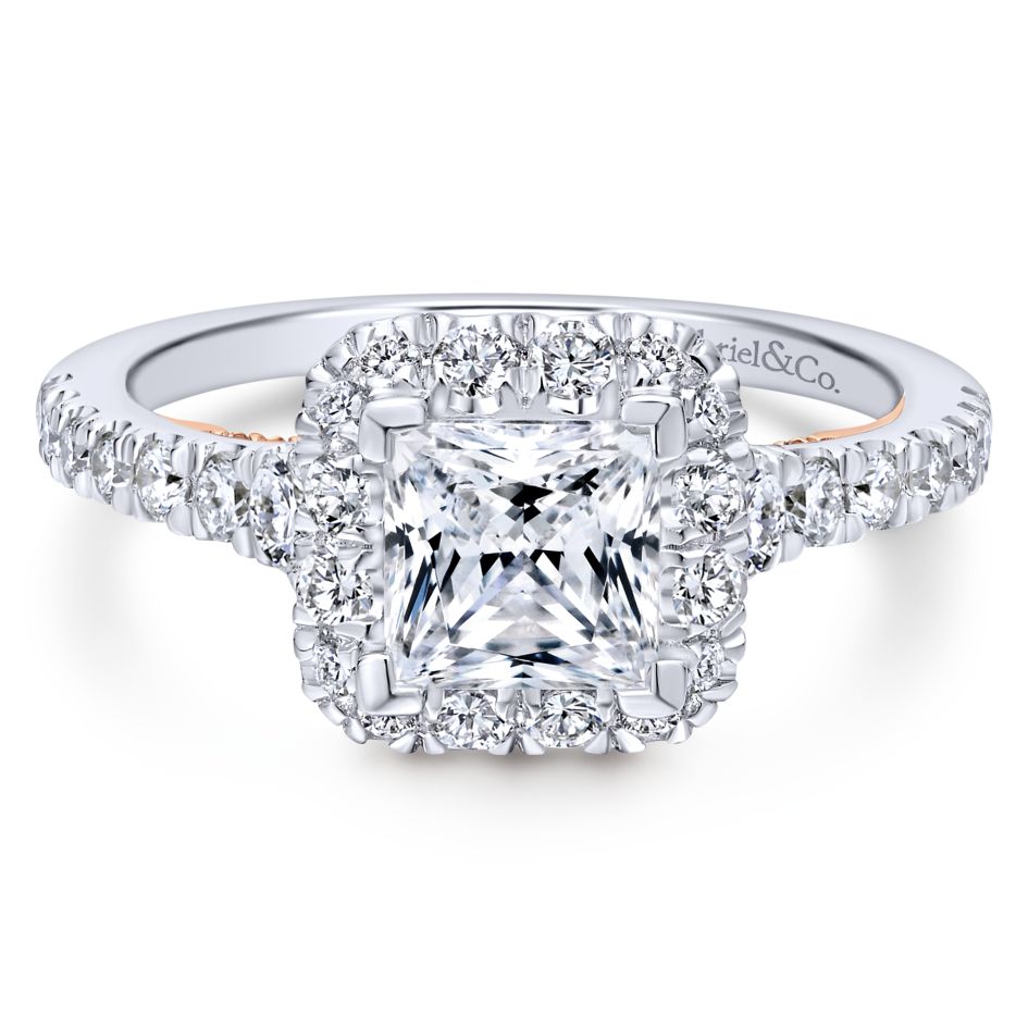 Gabriel Bridal Collection White Gold Halo Engagement Ring with Rose Go